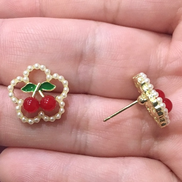 Jewelry | Cherries In A Flower Faux Pearl Gold Toned Stud Earrings | Poshmark